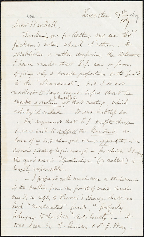 Letter from Samuel May, Jr., Leicester [Mass.], to Wendell Phillips ...