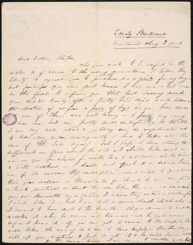 Letter from Emily Sturtevant, Wrentham, to Amos Augustus Phelps, Aug. 9. 1839 - Digital Commonwealth