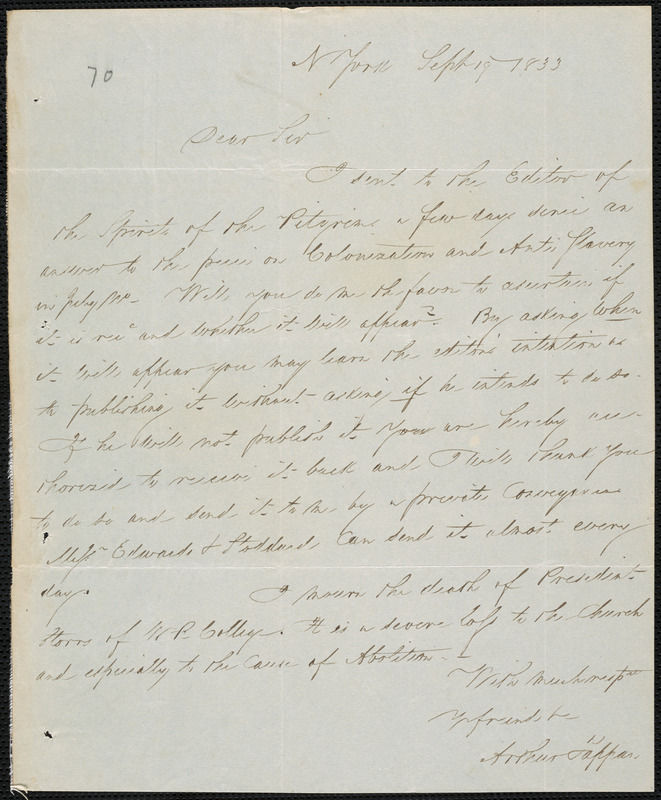 Letter from Arthur Tappan, N York, to Amos Augustus Phelps, Sept 19 1833 - Digital Commonwealth