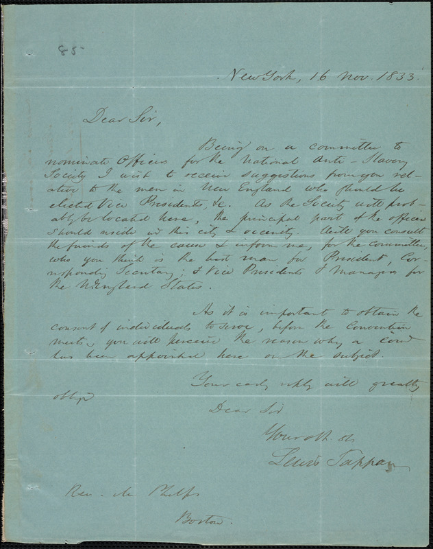 Letter from Lewis Tappan, New York, to Amos Augustus Phelps, 16 Nov. 1833 - Digital Commonwealth