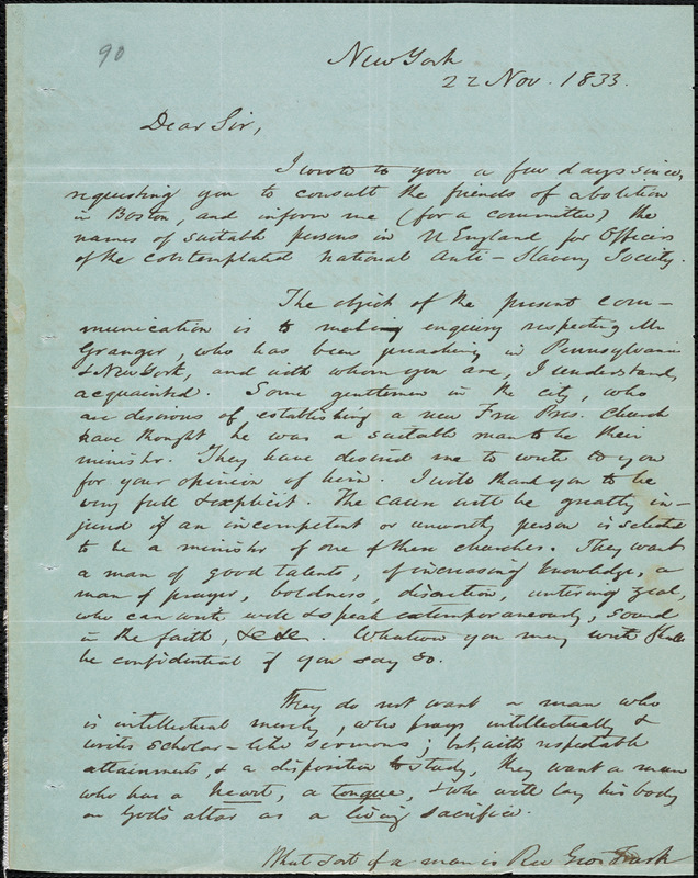 Letter from Lewis Tappan, New York, to Amos Augustus Phelps, 22 Nov. 1833 - Digital Commonwealth