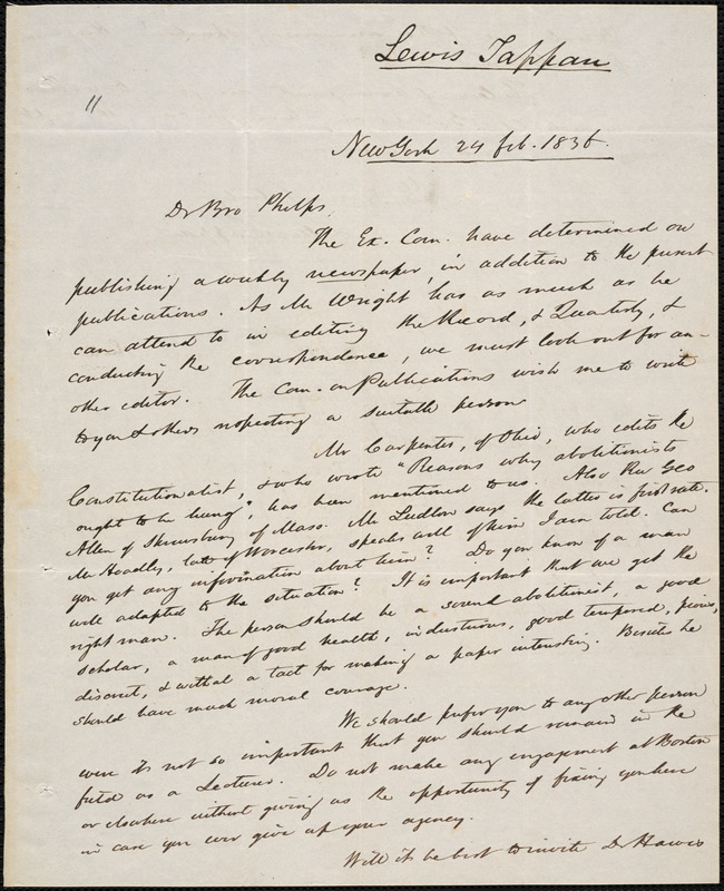 Letter from Lewis Tappan, New York, to Amos Augustus Phelps, 24 Feb ...