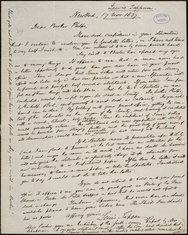 Letter from Lewis Tappan, New York, to Amos Augustus Phelps, 17 Nov. 1837 - Digital Commonwealth