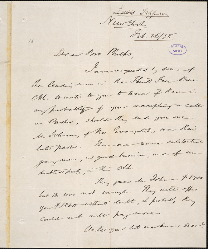 Letter from Lewis Tappan, New York, to Amos Augustus Phelps, 1838 ...