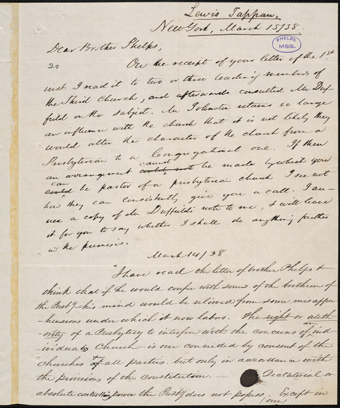 Letter from Lewis Tappan, New York, to Amos Augustus Phelps, 1838 March ...