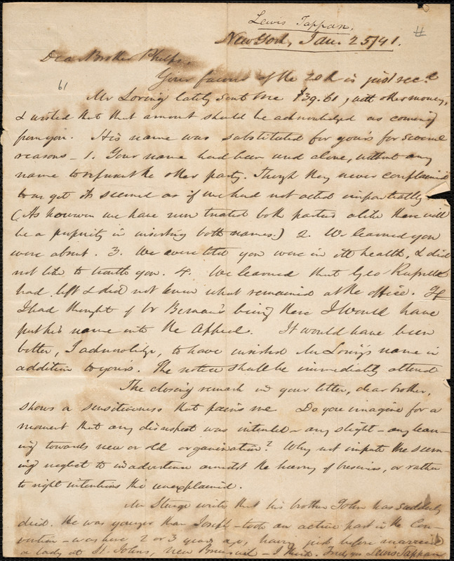 Letter from Lewis Tappan, New York, to Amos Augustus Phelps, 1841 January 25 - Digital Commonwealth