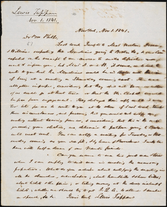 Letter from Lewis Tappan, New York, to Amos Augustus Phelps, 1841 November 1 - Digital Commonwealth
