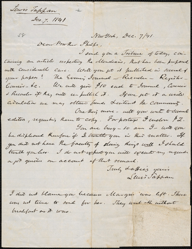 Letter from Lewis Tappan, New York, to Amos Augustus Phelps, 1841 December 7 - Digital Commonwealth