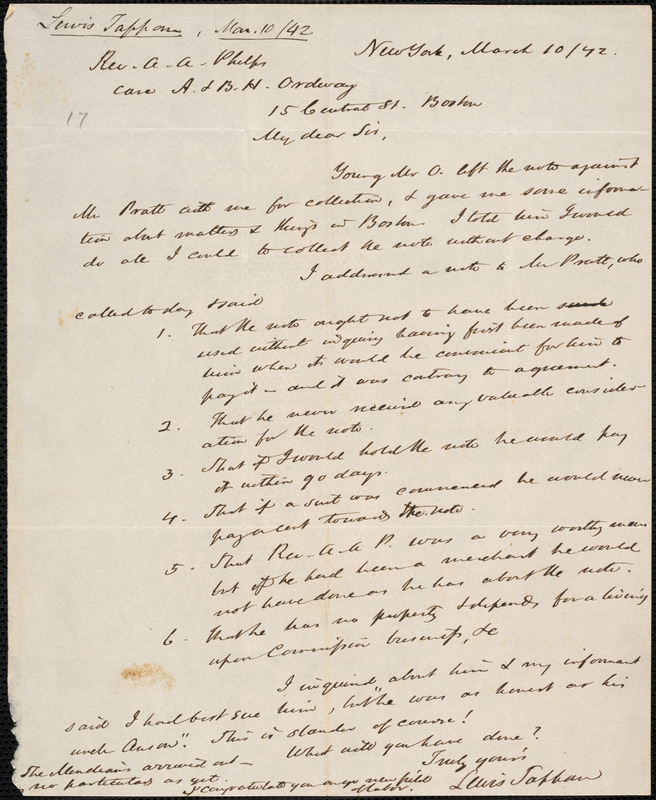 Letter from Lewis Tappan, New York, to Amos Augustus Phelps, 1842 March 10 - Digital Commonwealth