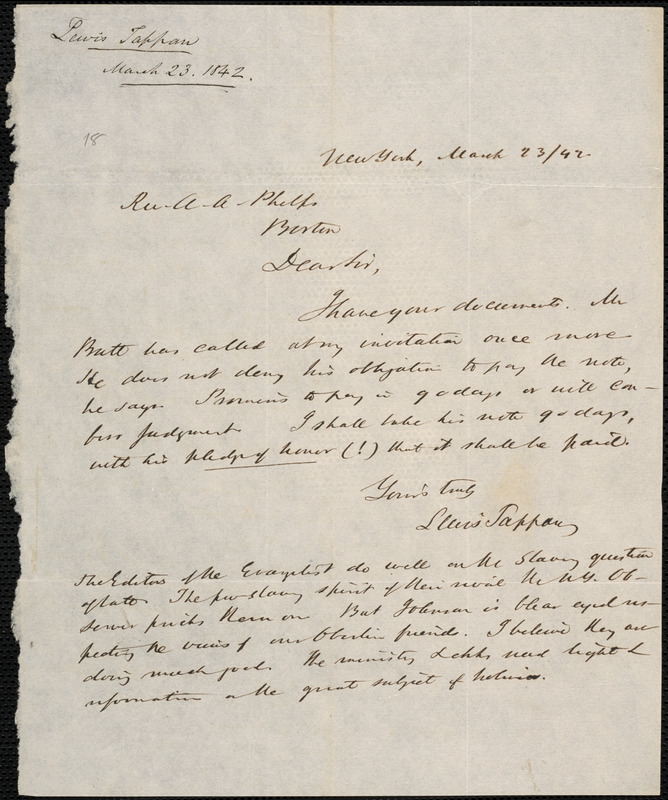 Letter from Lewis Tappan, New York, to Amos Augustus Phelps, 1842 March 23 - Digital Commonwealth