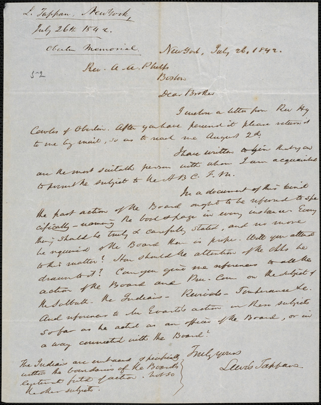 Letter from Lewis Tappan, New York, to Amos Augustus Phelps, 1842 July 26 - Digital Commonwealth