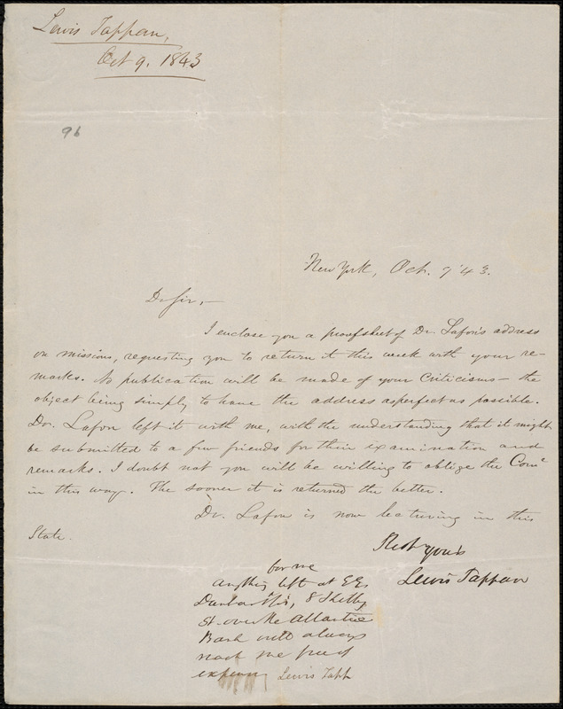 Letter from Lewis Tappan, New York, to Amos Augustus Phelps, 1843 ...