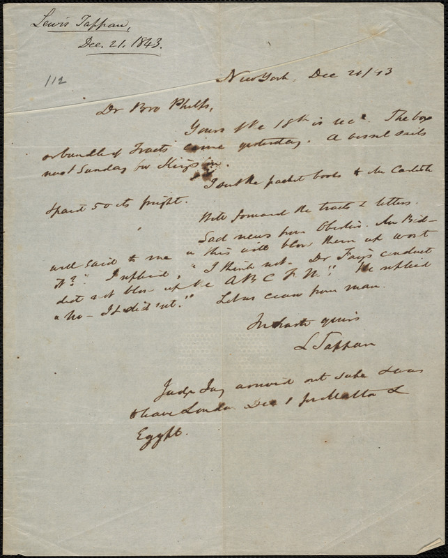 Letter from Lewis Tappan, New York, to Amos Augustus Phelps, 1843 December 21 - Digital Commonwealth