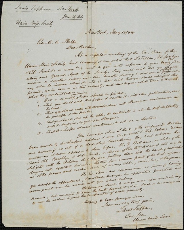 Letter from Union Missionary Society (U.S.), New York, to Amos Augustus Phelps, 1844 January 12 ...