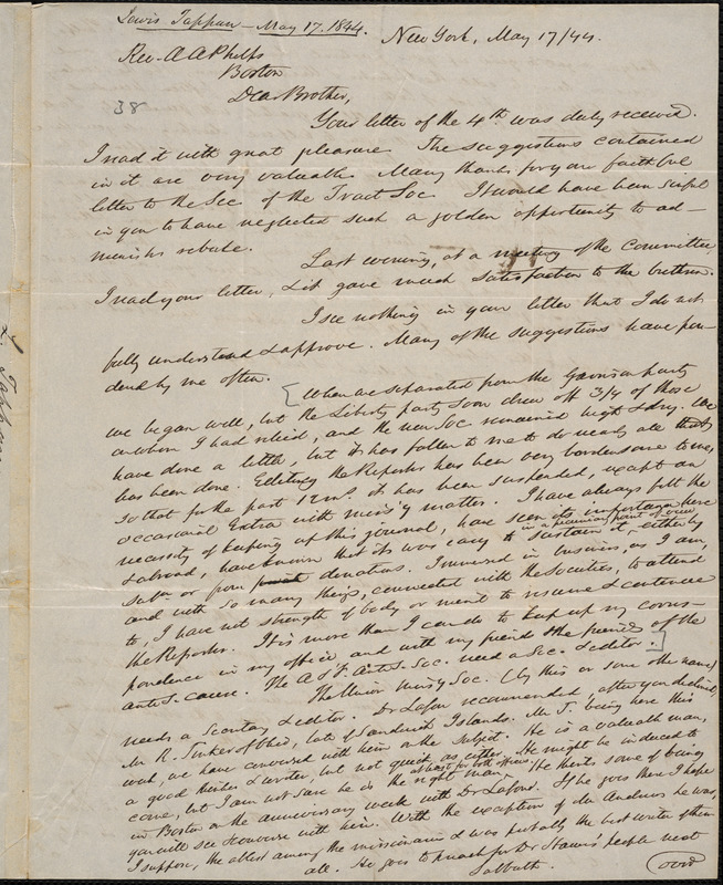 Letter from Lewis Tappan, New York, to Amos Augustus Phelps, 1844 May 17 - Digital Commonwealth