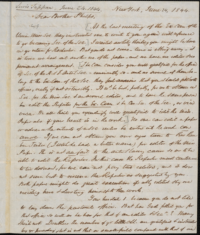 Letter from Lewis Tappan, New York, to Amos Augustus Phelps, 1844 June 24 - Digital Commonwealth