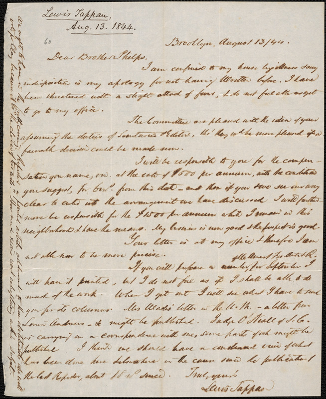 Letter from Lewis Tappan, Brooklyn, to Amos Augustus Phelps, 1844 August 13 - Digital Commonwealth