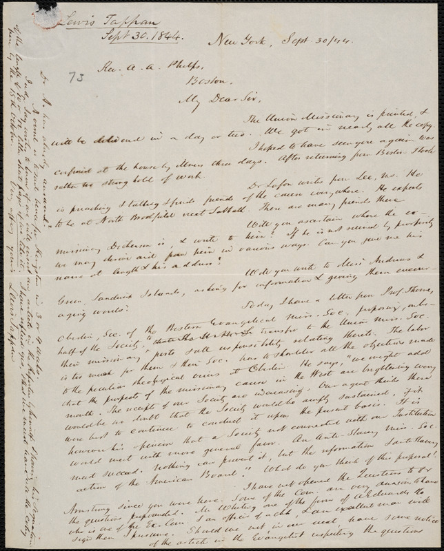 Letter from Lewis Tappan, New York, to Amos Augustus Phelps, 1844 September 30 - Digital ...