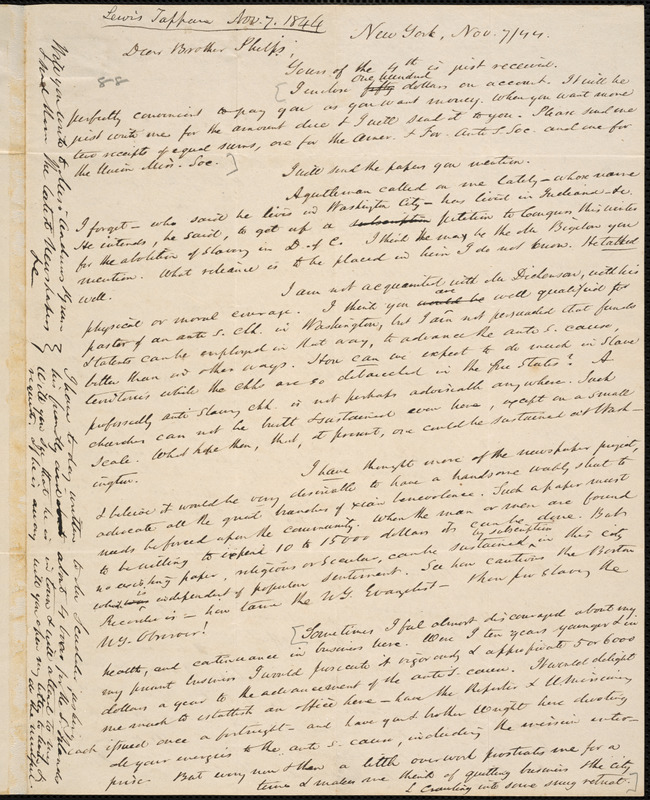 Letter from Lewis Tappan, New York, to Amos Augustus Phelps, 1844 November 7 - Digital Commonwealth