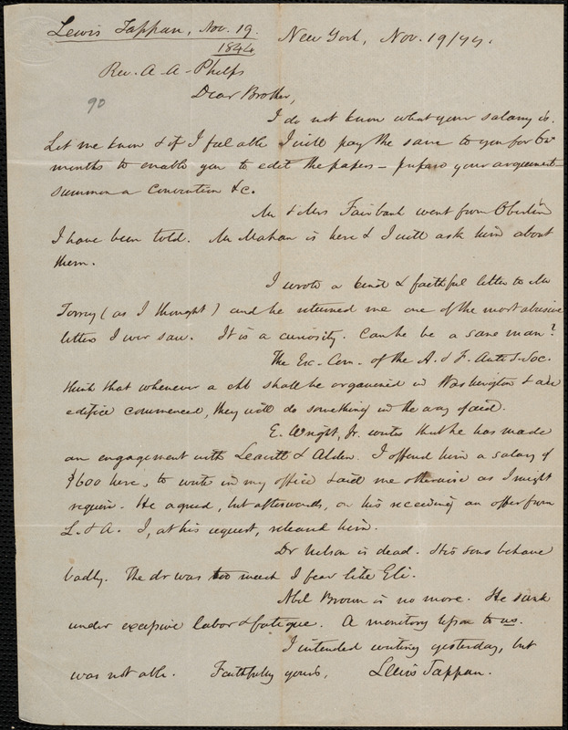 Letter from Lewis Tappan, New York, to Amos Augustus Phelps, 1844 November 19 - Digital Commonwealth