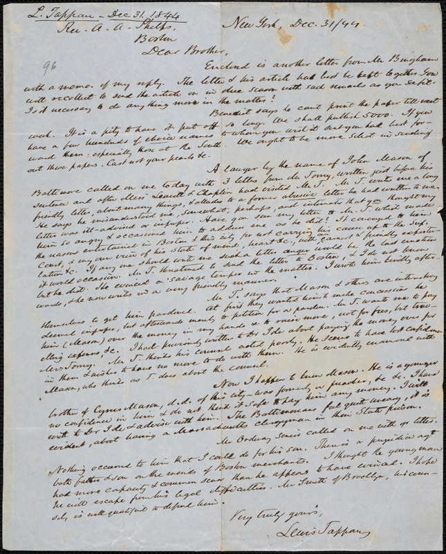 Letter from Lewis Tappan, New York, to Amos Augustus Phelps, 1844 December 31 - Digital Commonwealth