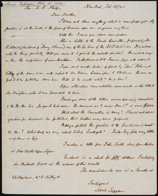 Letter from Lewis Tappan, New York, to Amos Augustus Phelps, 1845 February 16 - Digital Commonwealth