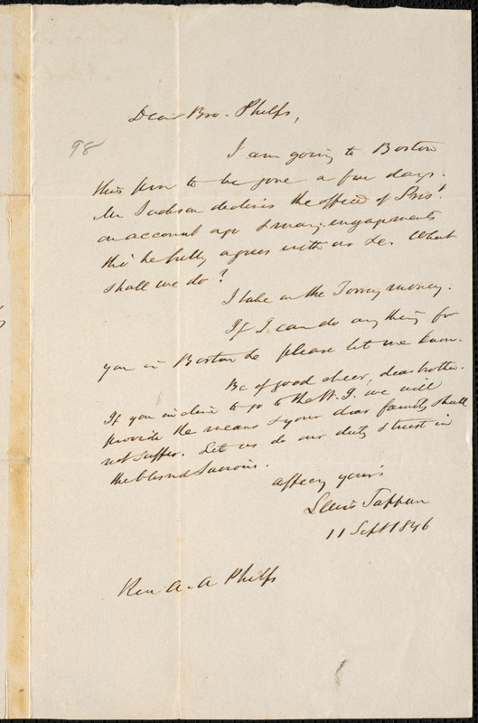 Letter from Lewis Tappan, New York, to Amos Augustus Phelps, 1846 September 11 - Digital ...