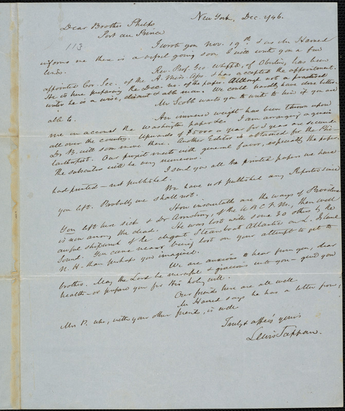 Letter from Lewis Tappan, New York, to Amos Augustus Phelps, 1846 December 2 - Digital Commonwealth