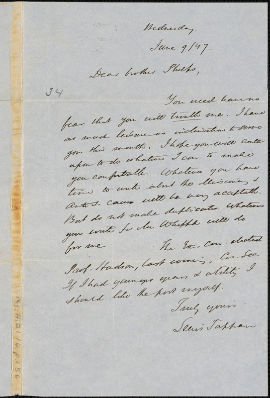Letter from Lewis Tappan, to Amos Augustus Phelps, 1847 June 9 - Digital Commonwealth