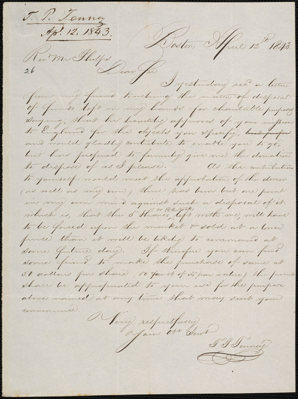 Letter from Thomas P. Tenney, Boston, to Amos Augustus Phelps, 1843 April 12 - Digital Commonwealth