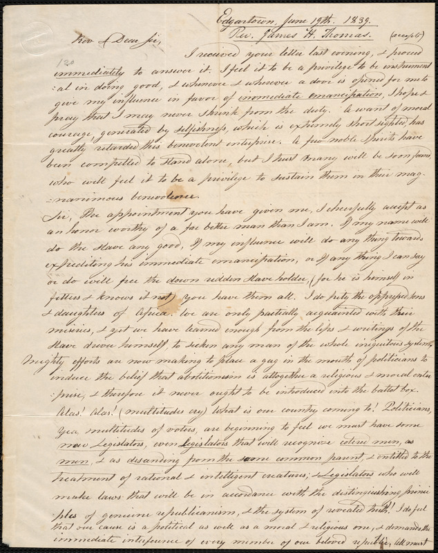Letter from James H. Thomas, Edgartown, to Amos Augustus Phelps, 1839 June 19 - Digital Commonwealth