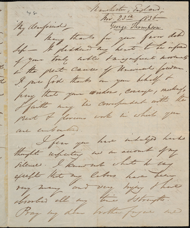 Letter from George Thompson, Manchester, England, to Amos Augustus ...