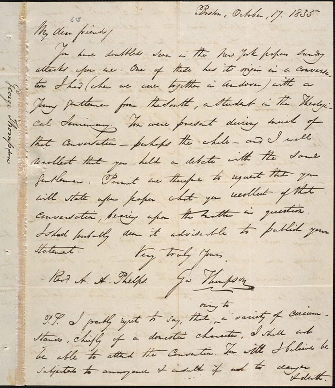 Letter from George Thompson, Boston, to Amos Augustus Phelps, 1835 October 17 - Digital Commonwealth