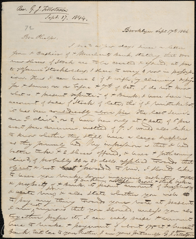 Letter from George Jeffrey Tillotson, Brooklyn, [Conn.], to Amos Augustus Phelps, 1844 Sept ...