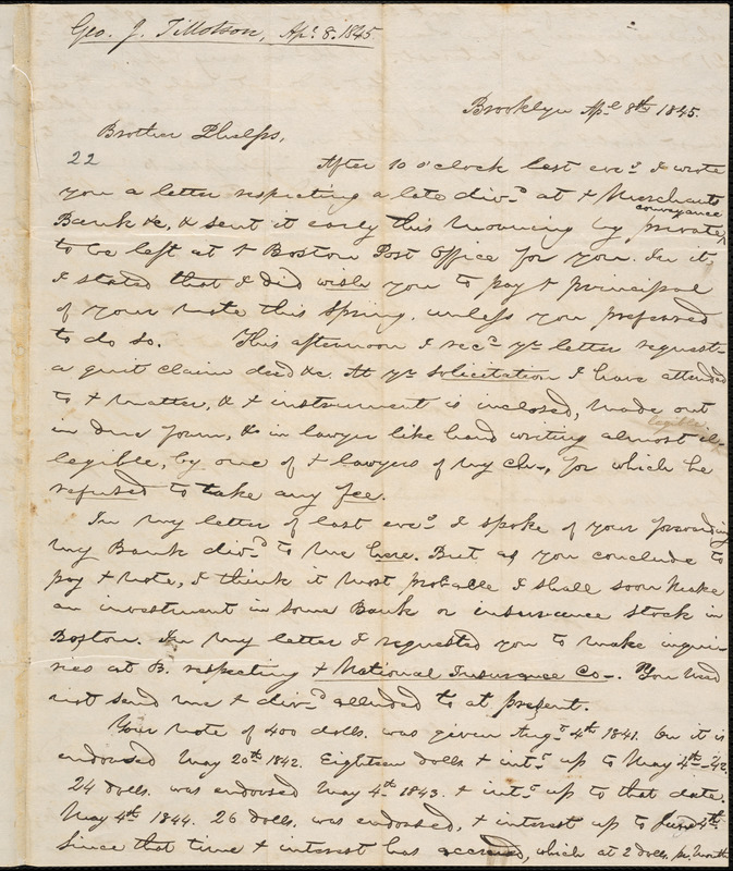 Letter from George Jeffrey Tillotson, Brooklyn, [Conn.], to Amos Augustus Phelps, 1845 Ap[ri]l ...