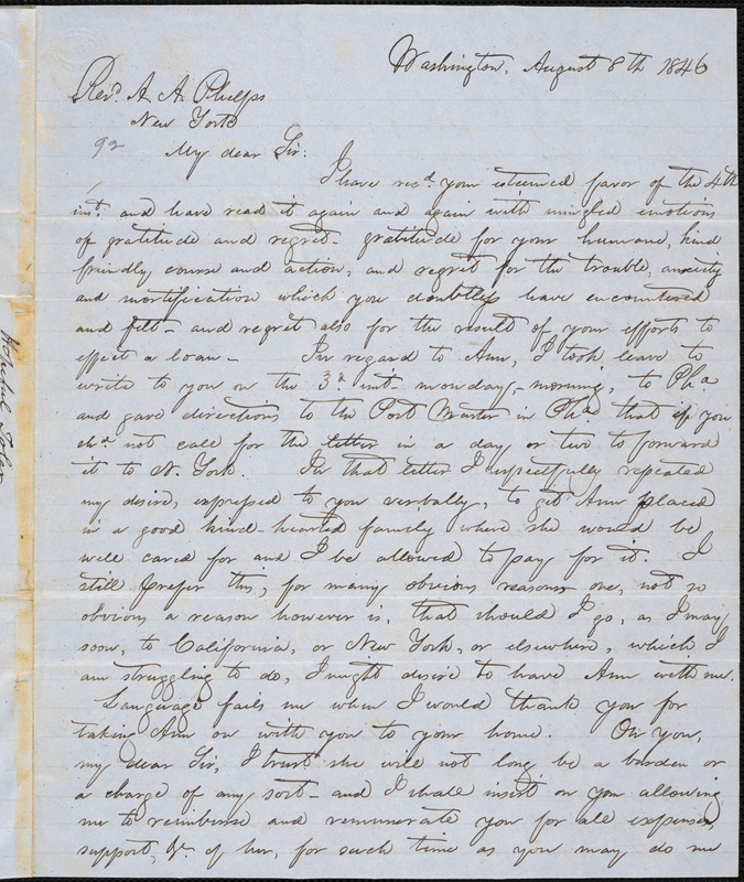 Letter from Hopeful Toler, Washington, [D.C.], to Amos Augustus Phelps, 1846 August 8th ...