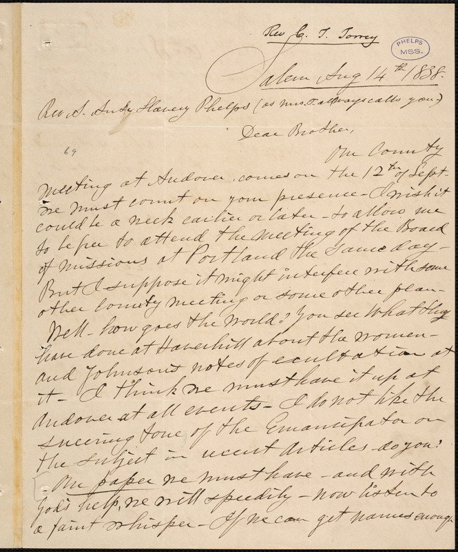 Letter from Charles Turner Torrey, Salem, [Mass.], to Amos Augustus ...