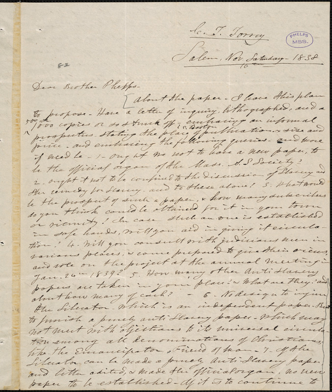 Letter from Charles Turner Torrey, Salem, [Mass.], to Amos Augustus Phelps, 1838 Nov[ember] 16 ...