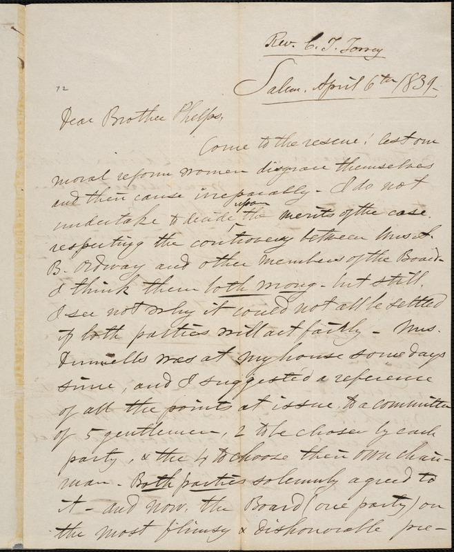 Letter from Charles Turner Torrey, Salem, [Mass.], to Amos Augustus Phelps, 1839 April 6th ...