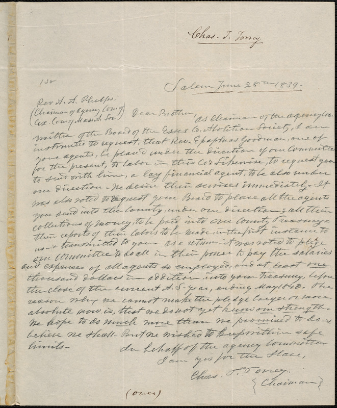 Letter from Charles Turner Torrey, Salem, [Mass.], to Amos Augustus ...