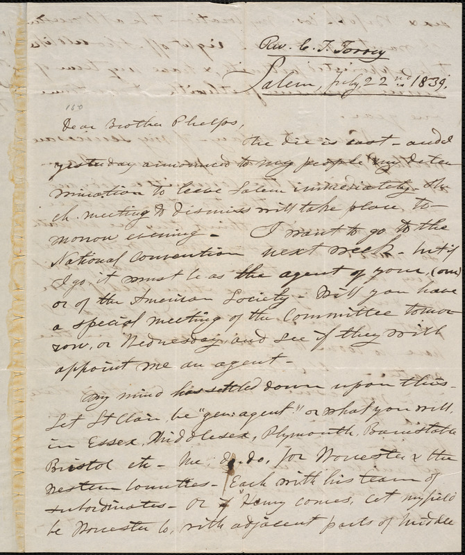 Letter from Charles Turner Torrey, Salem, [Mass.], to Amos Augustus Phelps, 1839 July 22nd ...