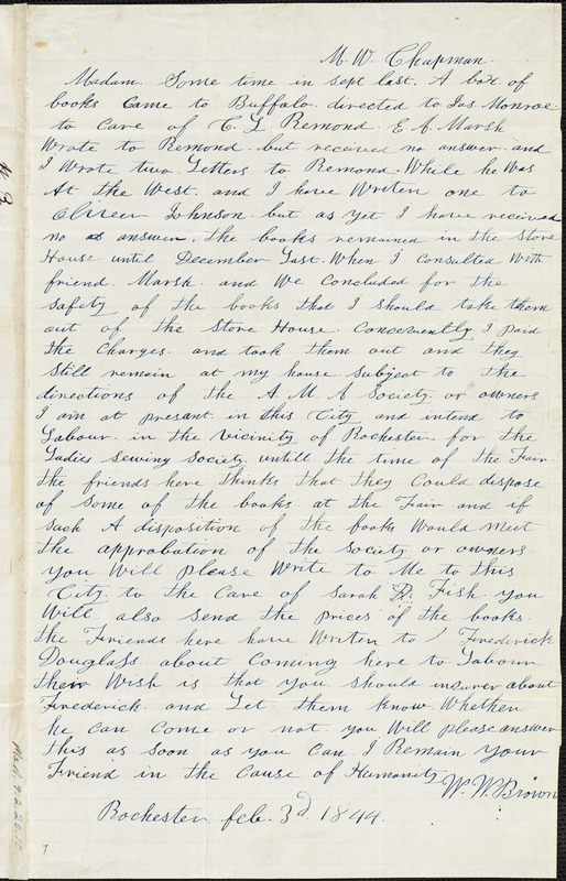 Letter from William Wells Brown, Rochester, [NY], to Maria Weston ...