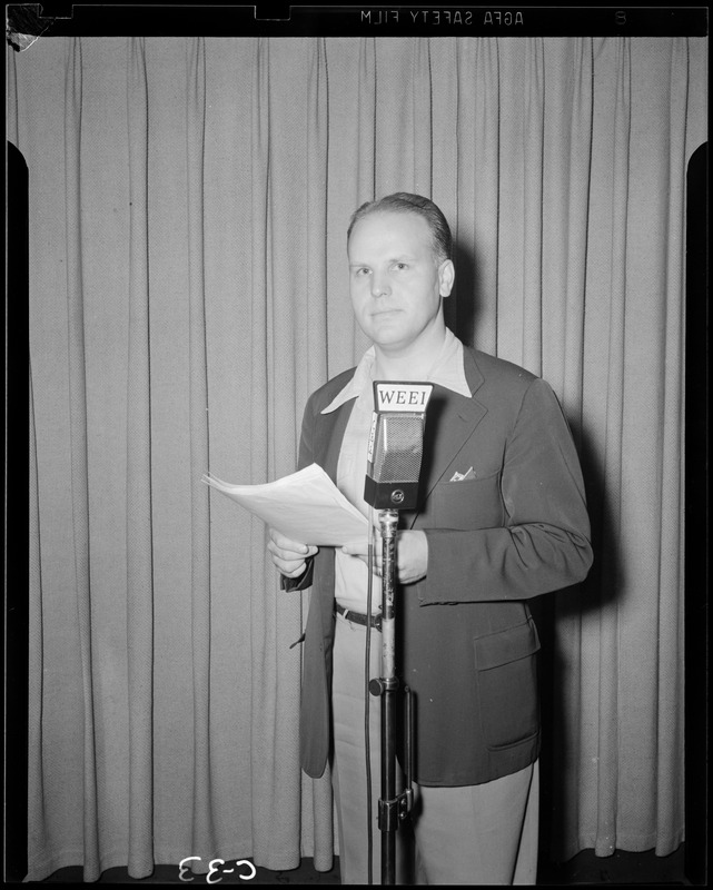 Man, possibly Uncle Elmer, at WEEI microphone - Digital Commonwealth