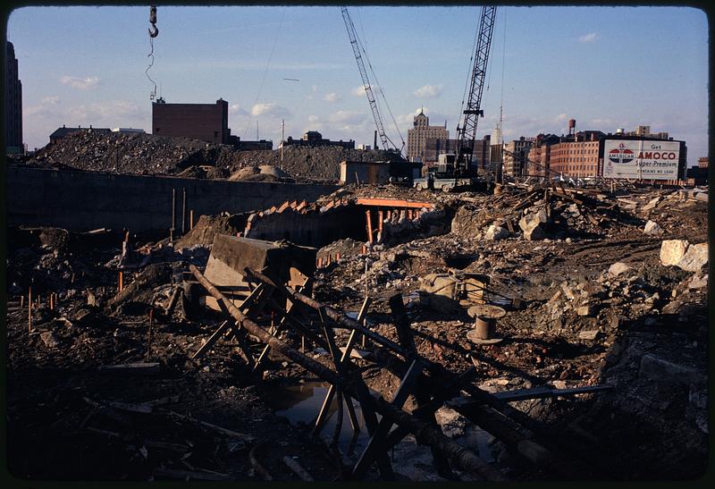 Rubble at construction area with buildings in background, Boston ...