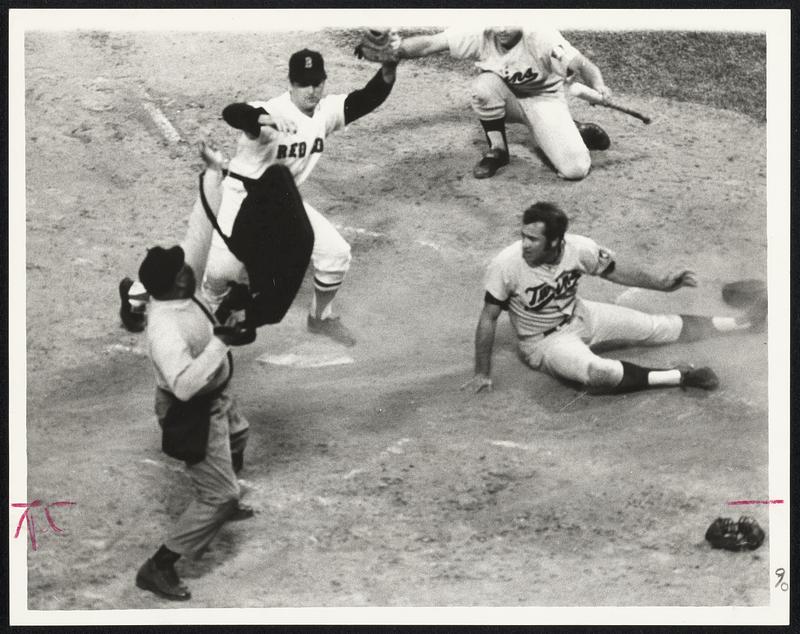 Out of Plate -- Umpire Emmett Ashford gives out sign after Red Sox ...