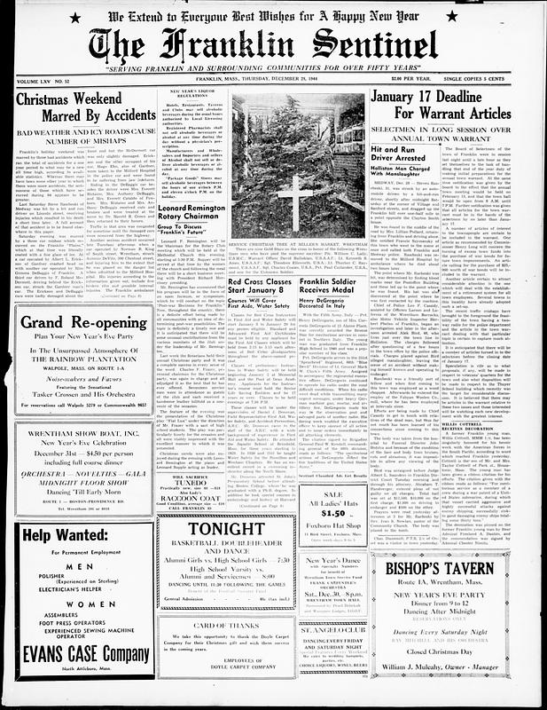 The Franklin Sentinel. December 28, 1944 - Digital Commonwealth