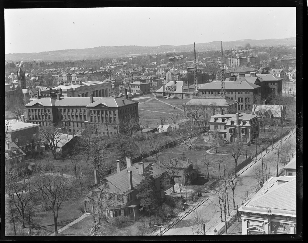 Bird's eye view over Harvard campus from Memorial Hall, toward ...
