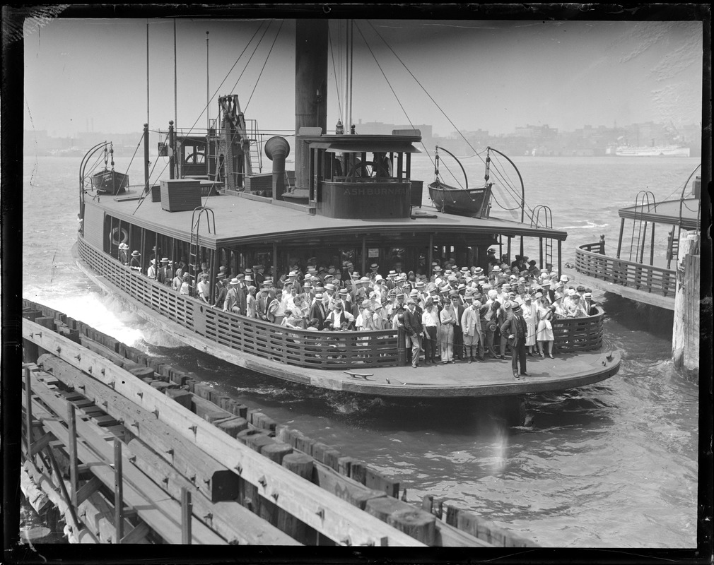 Crowded ferry "Ashburnham" arriving at East Boston - Digital Commonwealth