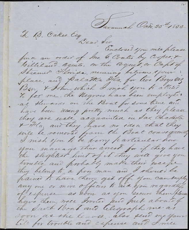 William Wright, Savannah, Ga., manuscript letter signed to Ziba B ...