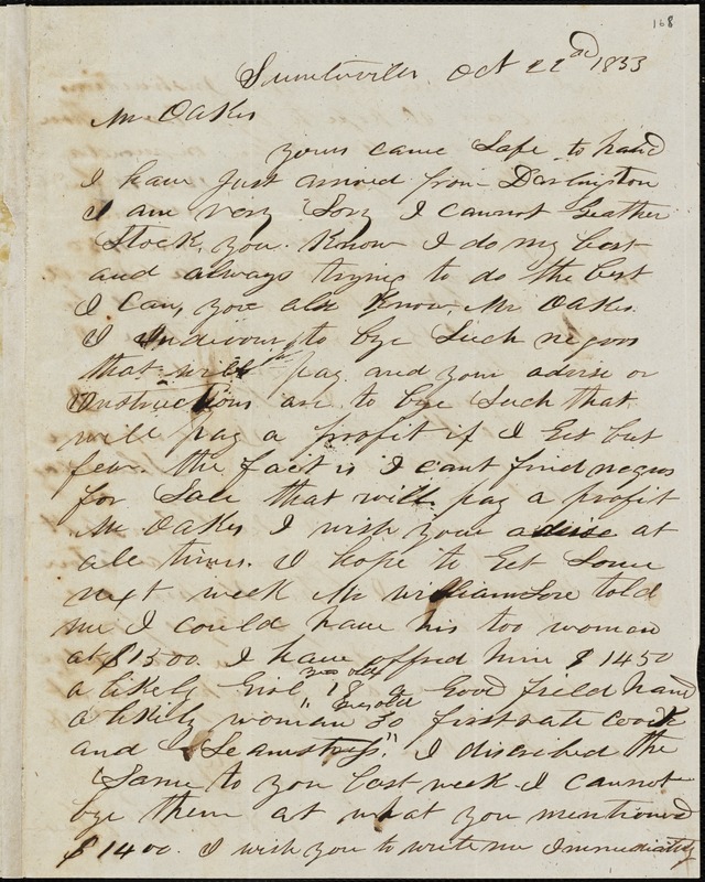 A. J. McElveen, Sumterville, S.C., autograph letter signed to Ziba B ...